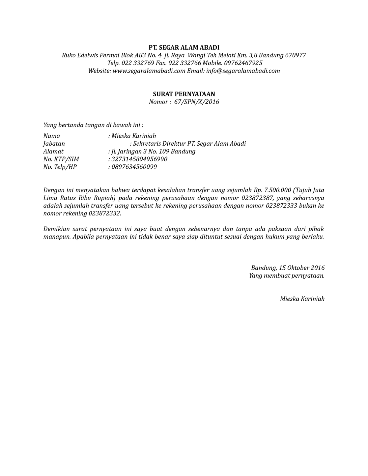 Contoh Surat Pernyataan Salah Transfer