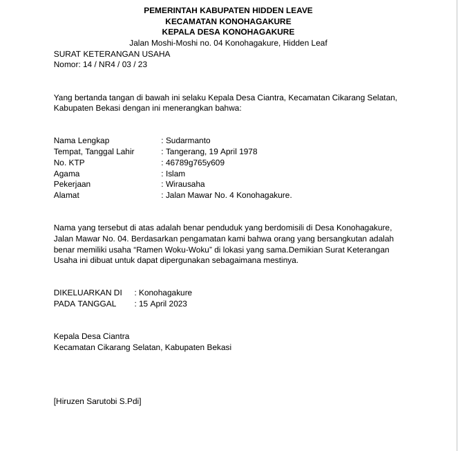 Contoh Surat Keterangan Usaha dengan Format yang Benar