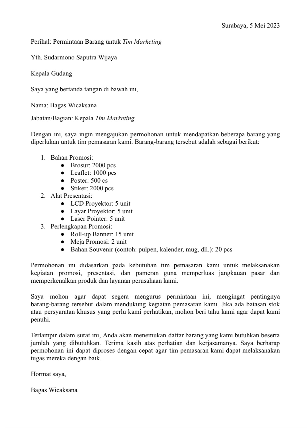 4 Contoh Surat Permintaan Barang dengan Struktur yang Benar