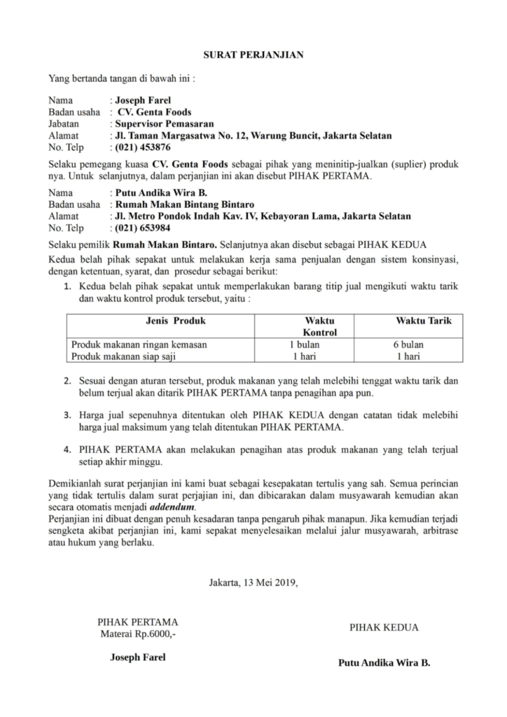 Contoh Surat Perjanjian Konsinyasi Lengkap dan Cara Membuatnya