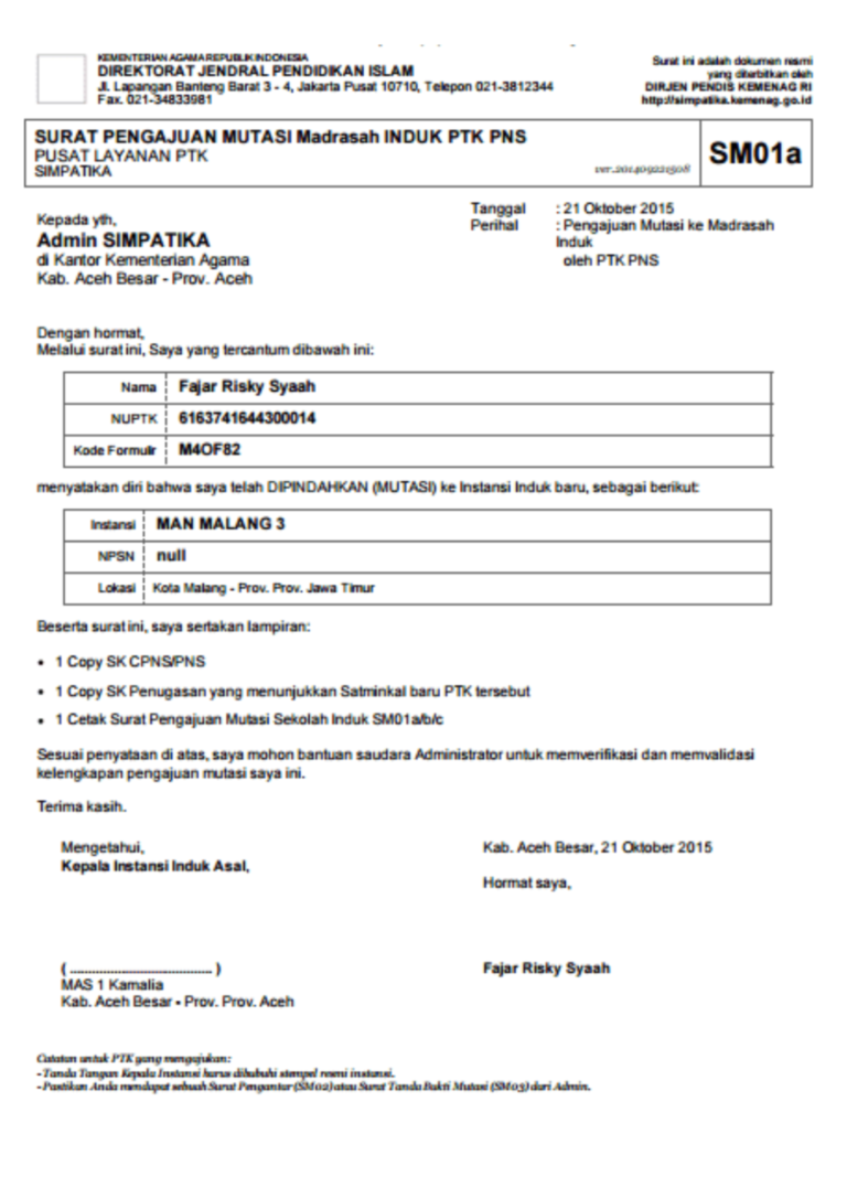 Contoh Surat Mutasi Guru Lengkap