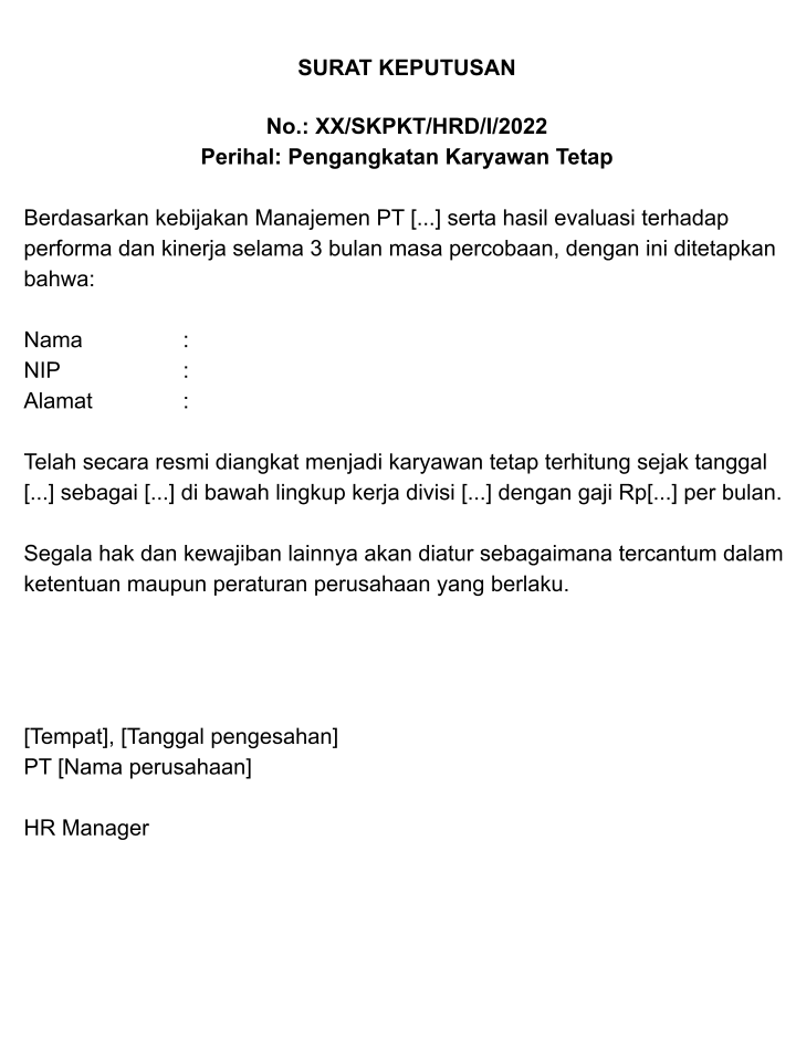 Contoh Surat Pengangkatan Karyawan Tetap dan Strukturnya