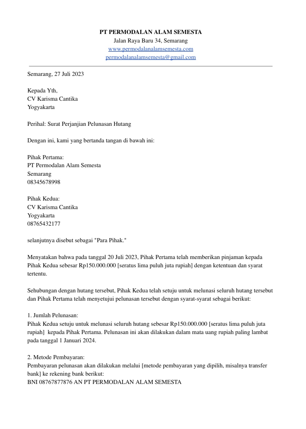 8 Contoh Surat Perjanjian Pelunasan Hutang dan Strukturnya