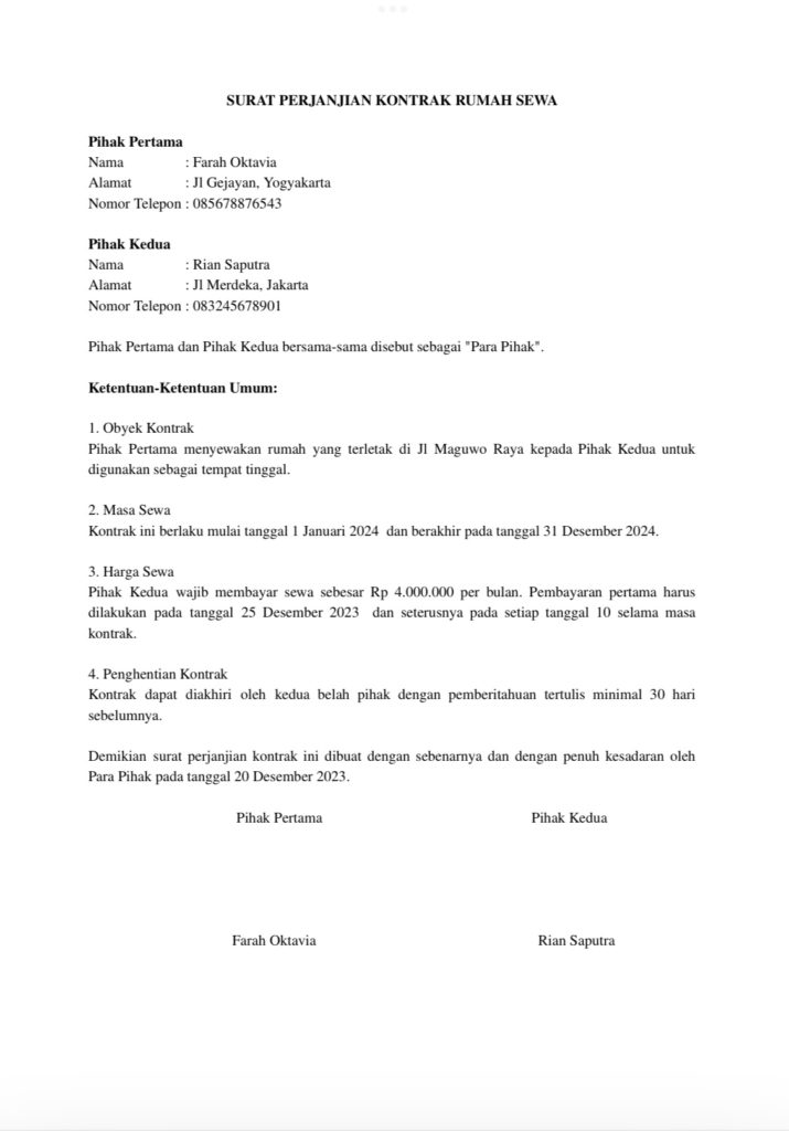 Contoh Surat Perjanjian Kontrak Rumah dengan Format yang Benar
