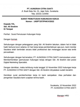 Contoh Surat PHK Karyawan dan Etika Pemutusan Hubungan Kerja yang Baik