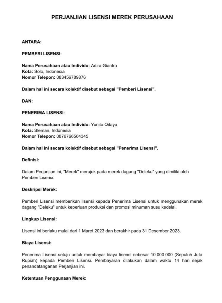 Contoh Surat Perjanjian Lisensi Merek & Formatnya