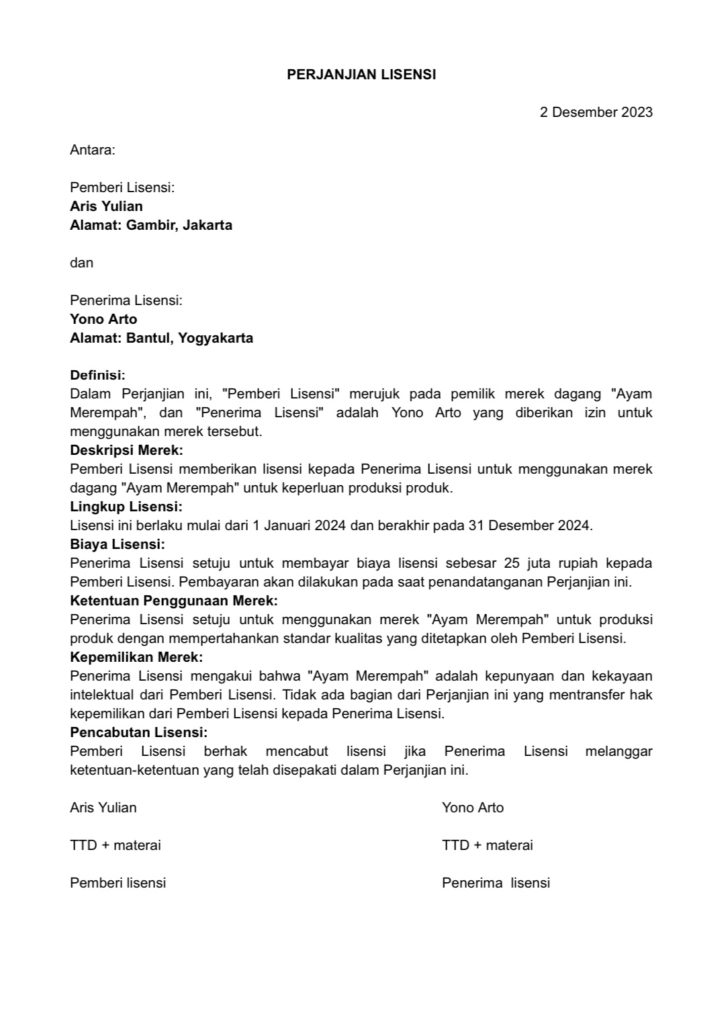 Contoh Surat Perjanjian Lisensi Merek & Formatnya