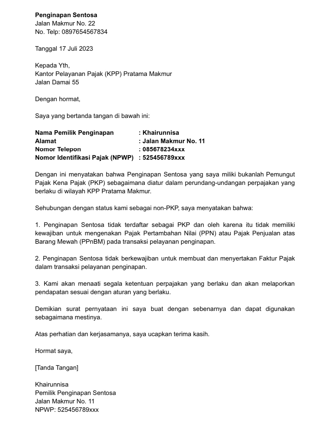 5 Contoh Surat Pernyataan Non PKP dan Fungsinya