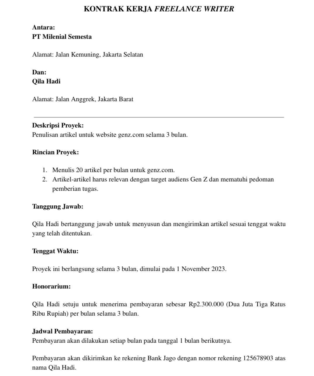 Contoh Kontrak Kerja Freelance + Formatnya