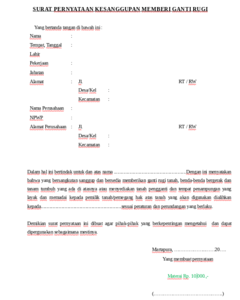 Contoh Surat Perjanjian Ganti Rugi di Atas Meterai + Formatnya