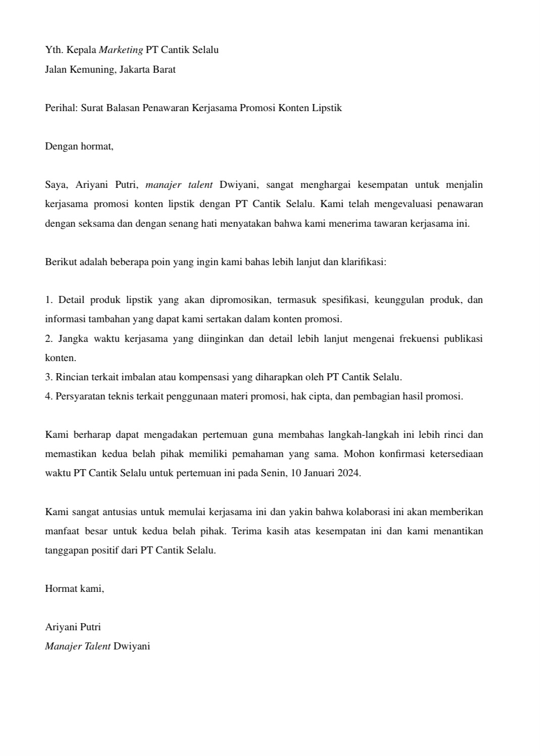 Contoh Surat Balasan Penawaran Barang & Kerjasama + Formatnya